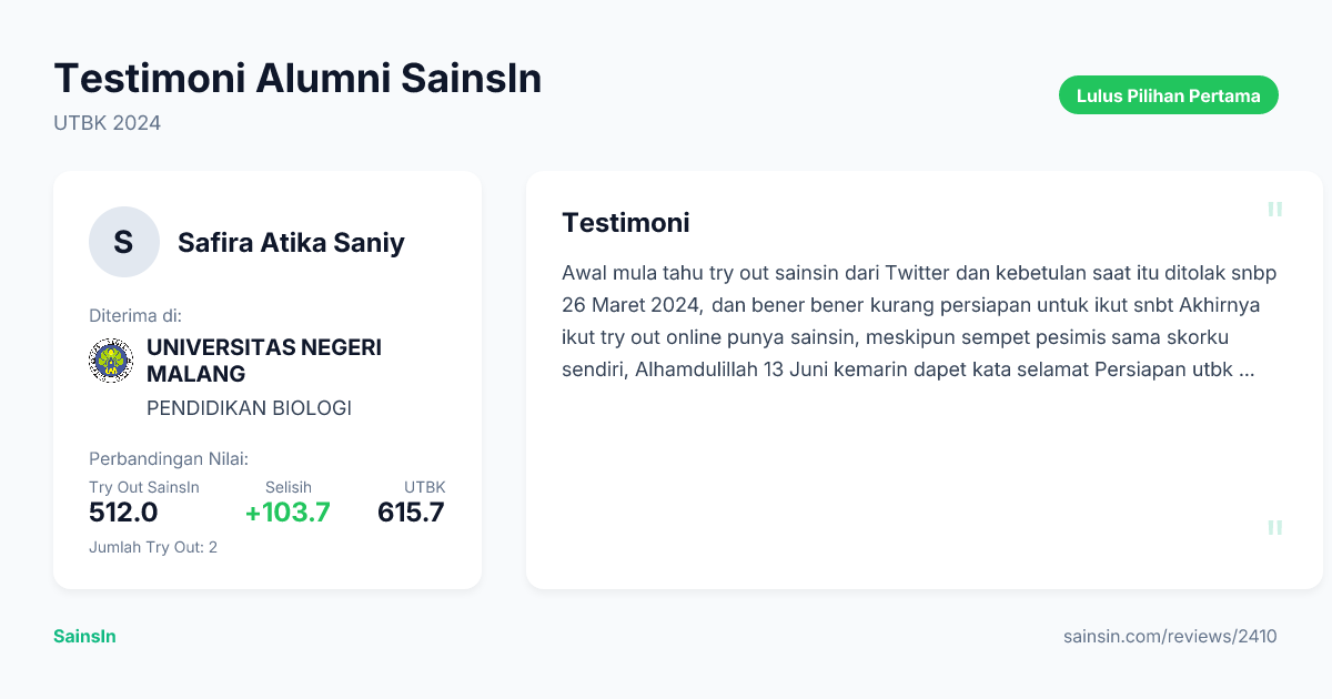 Cerita Safira Atika Saniy - UTBK 2024 | SainsIn